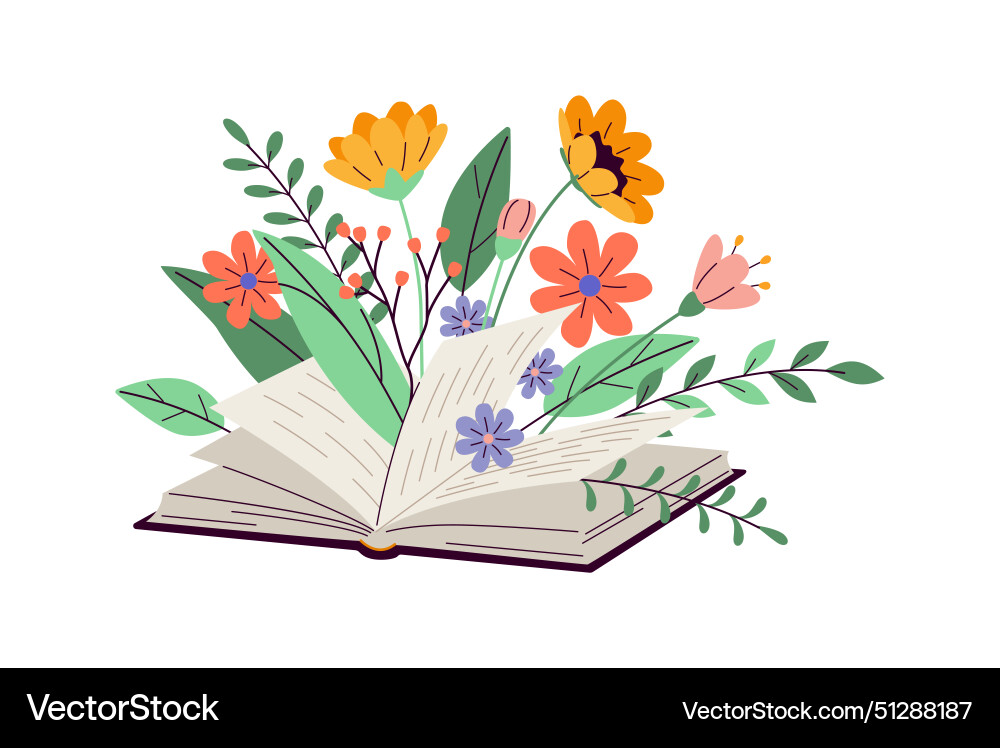 Open book with blooming wild flower sand leaves Vector Image