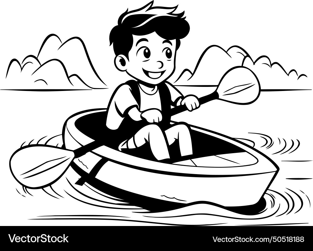 Cartoon boy rowing on a kayak Royalty Free Vector Image