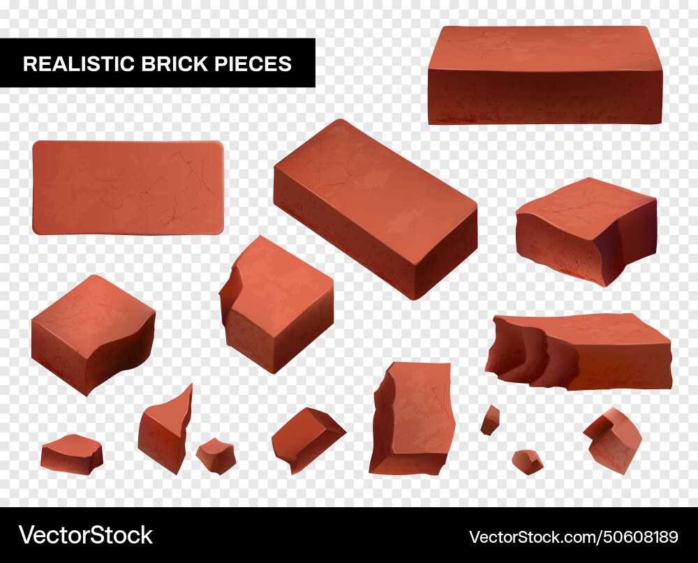 Whole and broken bricks transparent set Royalty Free Vector
