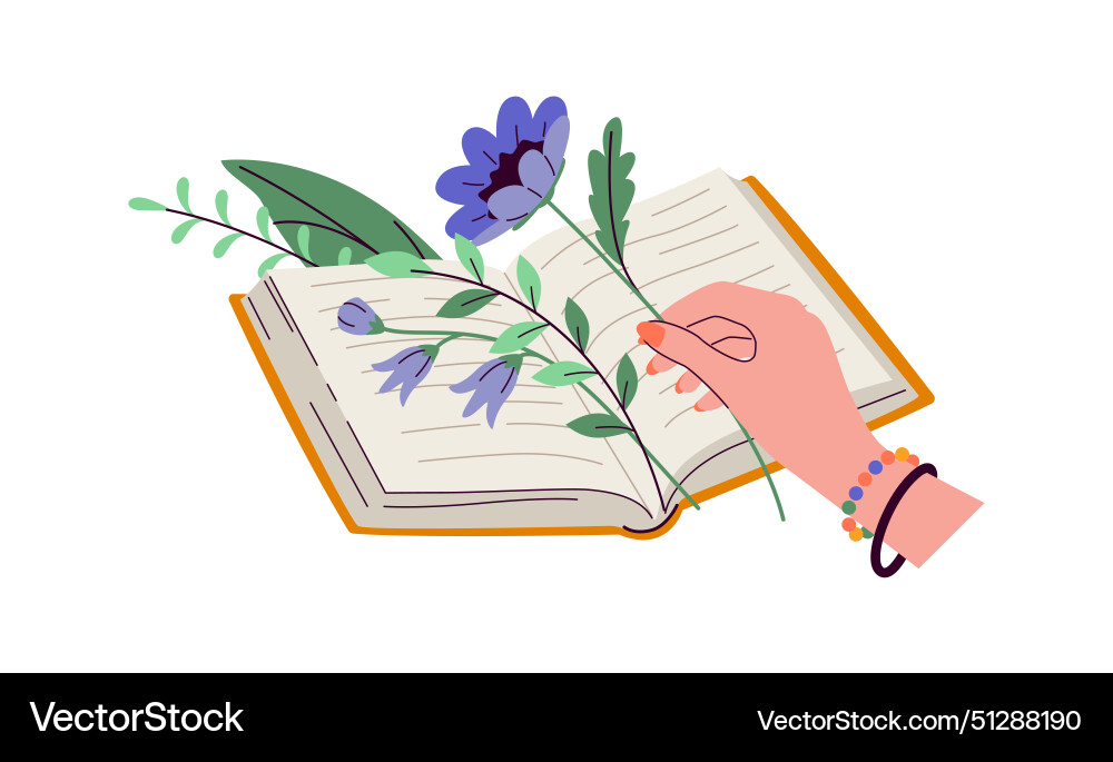Open book with blooming wild flower sand leaves Vector Image