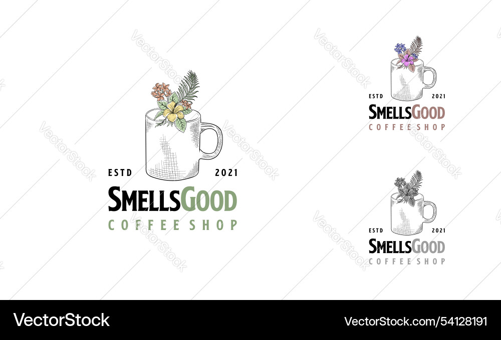 Hand drawn coffee cup logo with beautiful flower Vector Image