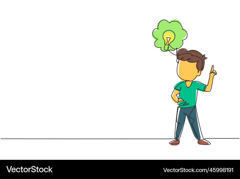 Single one line drawing little boy thinking kids Vector Image