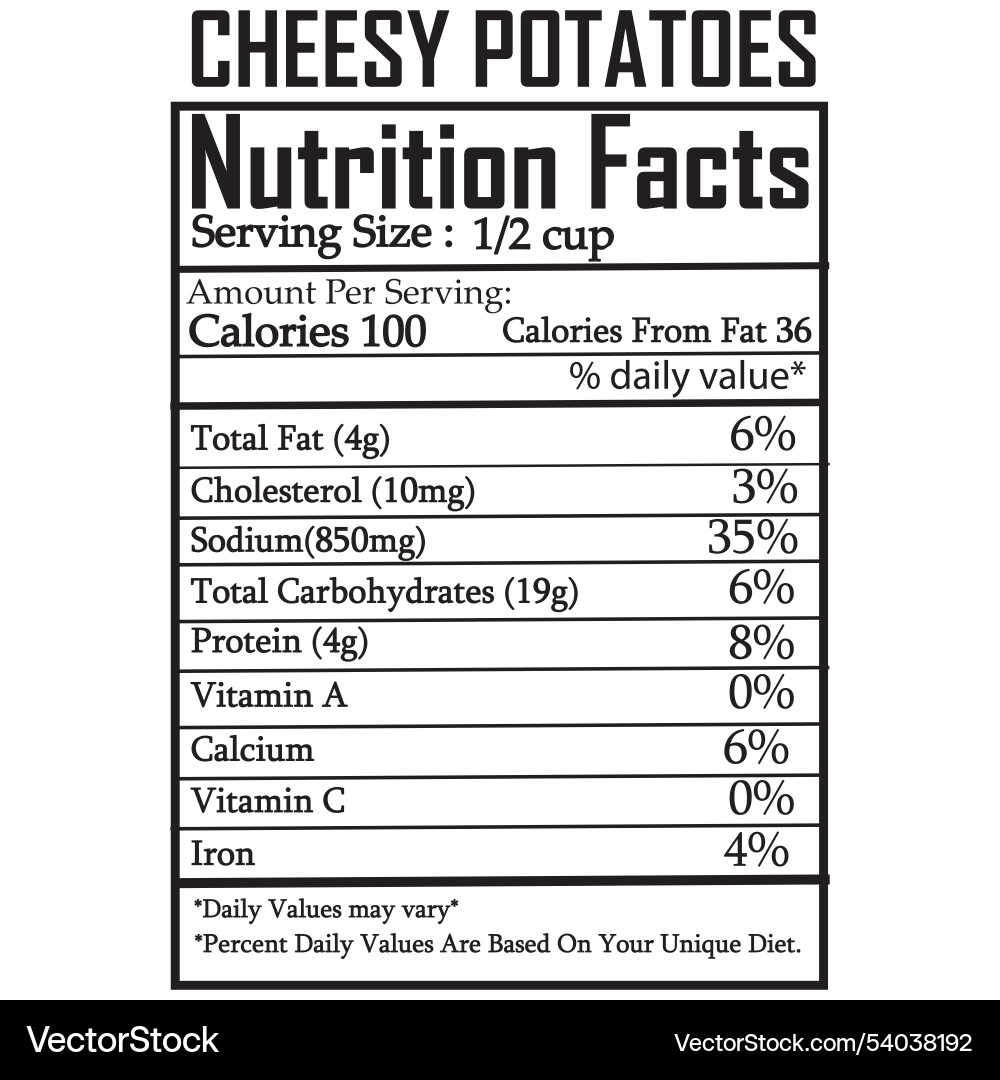 Cheesy potatoes nutrition facts Royalty Free Vector Image