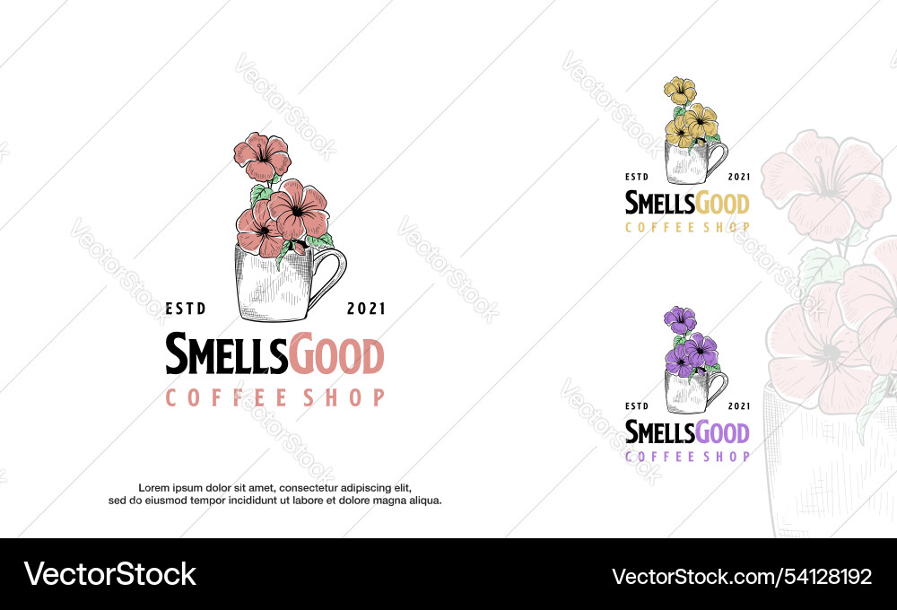 Hand drawn coffee cup logo with beautiful flower Vector Image