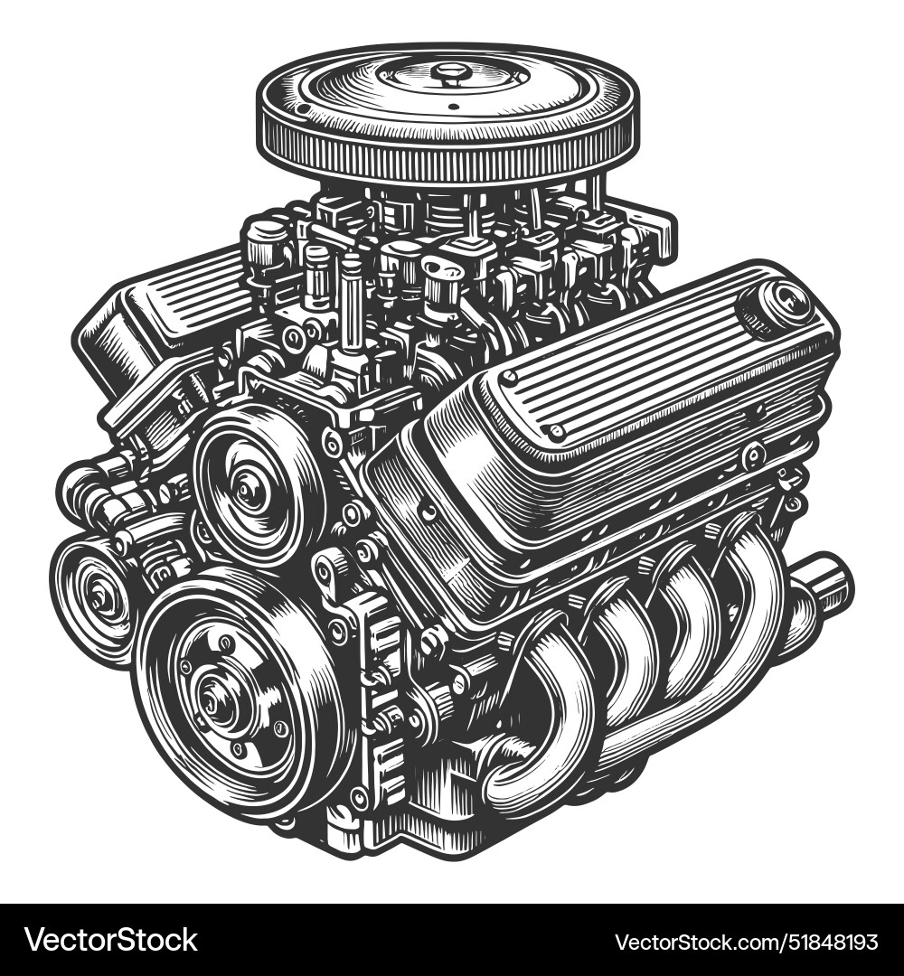 Detailed classic car engine engraving Royalty Free Vector