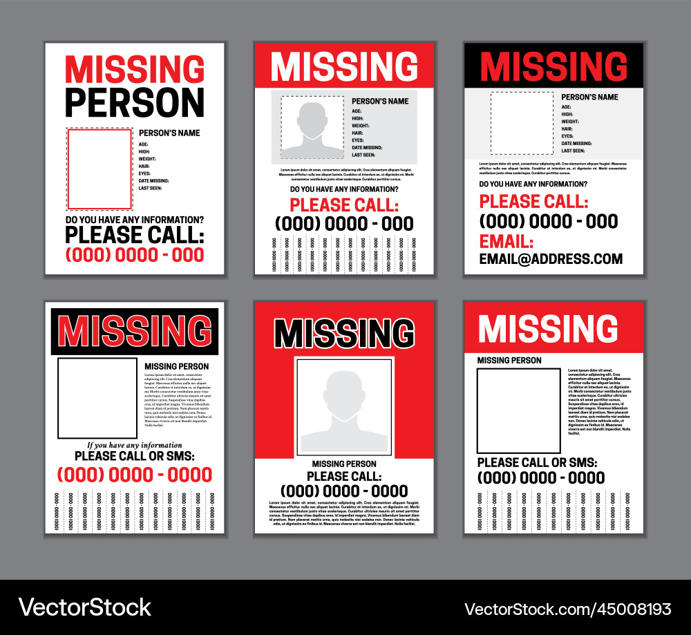Missing person page template set Royalty Free Vector Image