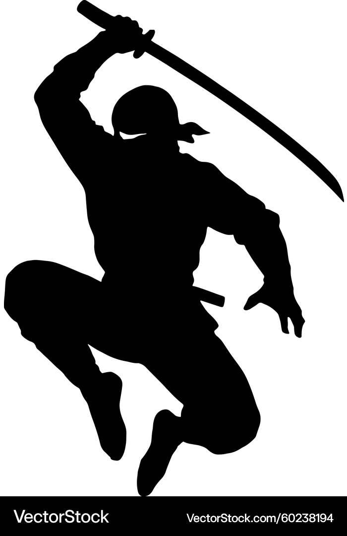 Ninja Warrior Silhouette Leaping with Sword Vector Image