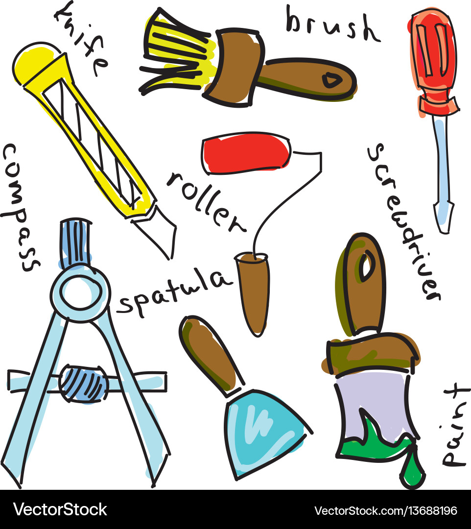 Drawn colored working tools with roller Royalty Free Vector