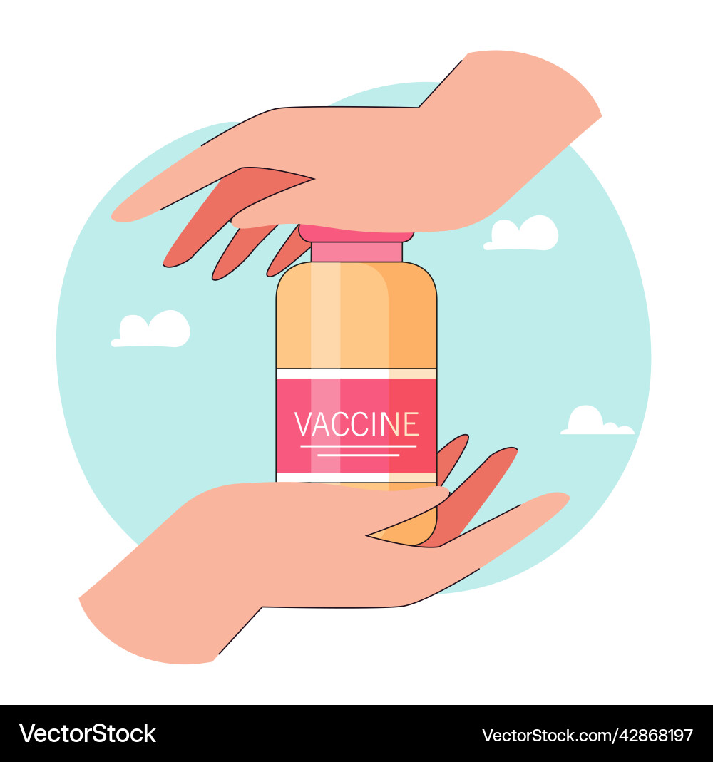 Hands holding bottle with label vaccine Royalty Free Vector