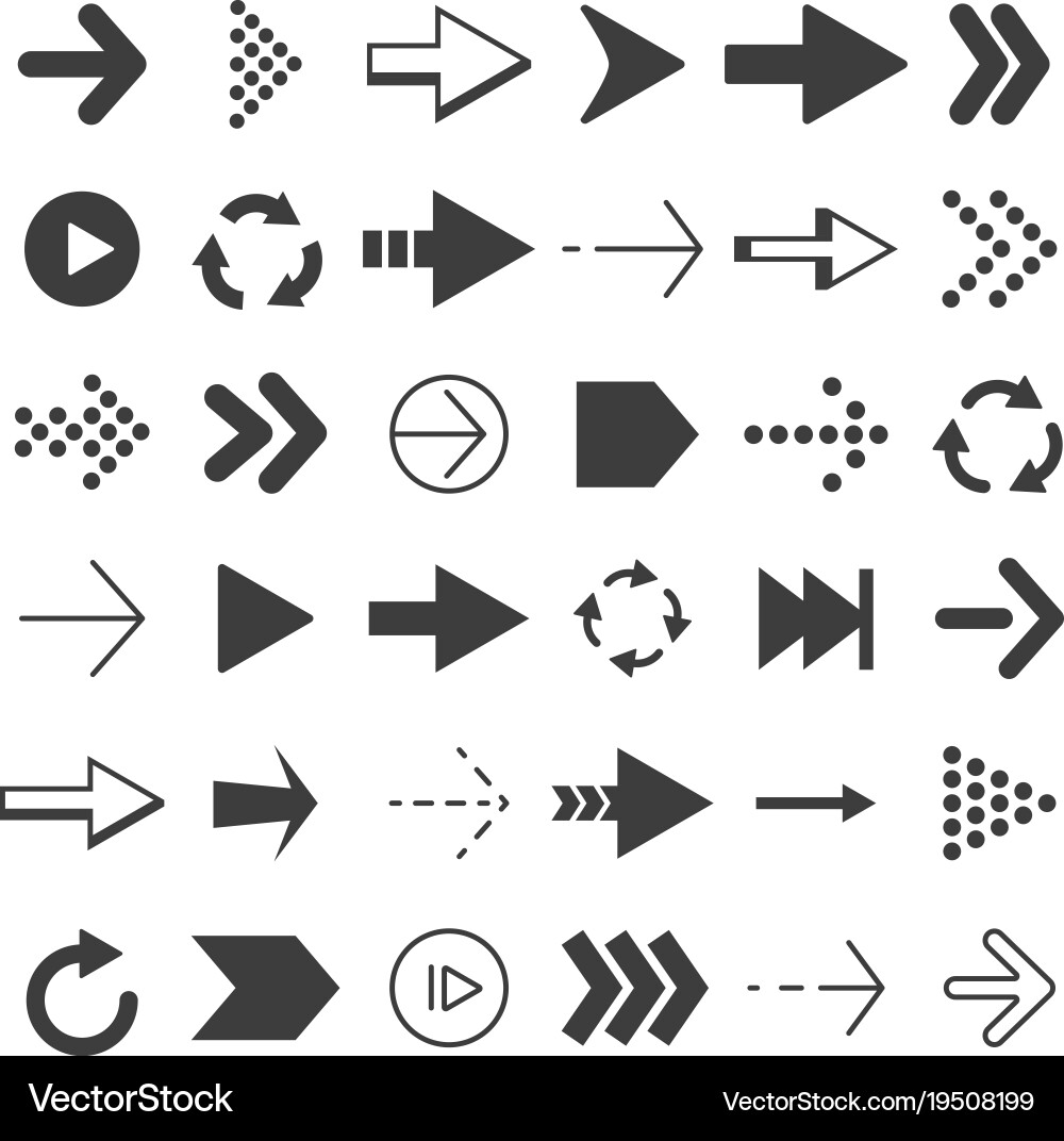 Black arrows set pictures isolate Royalty Free Vector Image