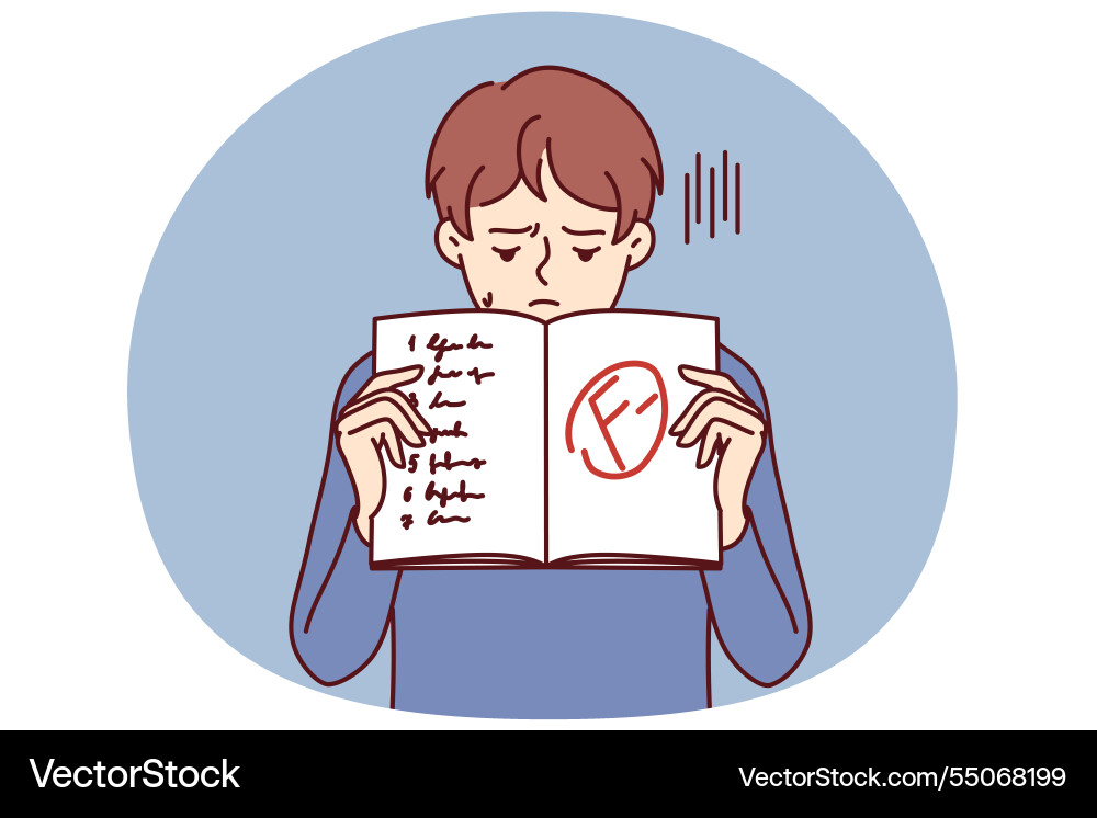 Boy shows school notebook with bad mark from Vector Image