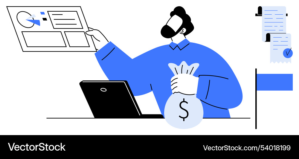 Man with laptop analyzing data and holding money Vector Image