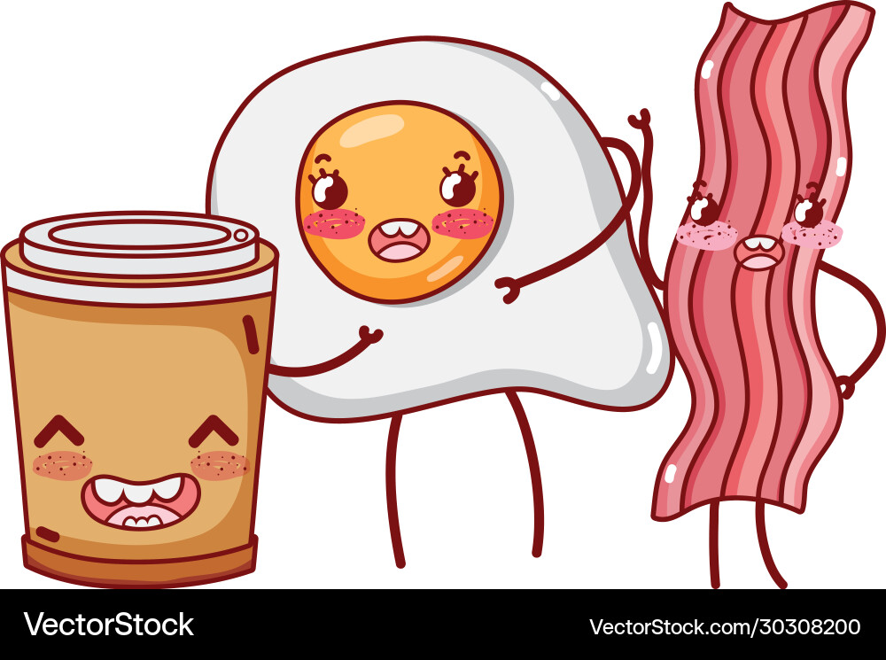 Breakfast cute bacon fried egg and plastic coffee Vector Image