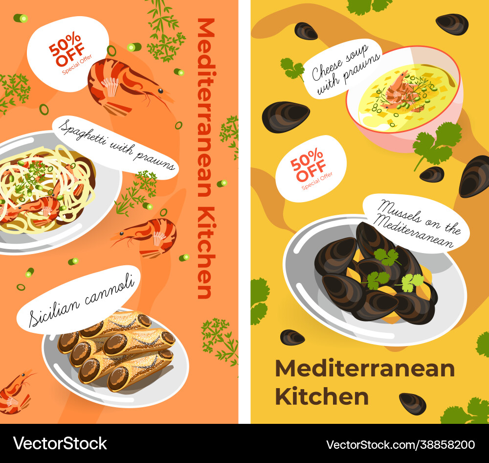 Menu with mediterranean dishes seafood cuisine Vector Image