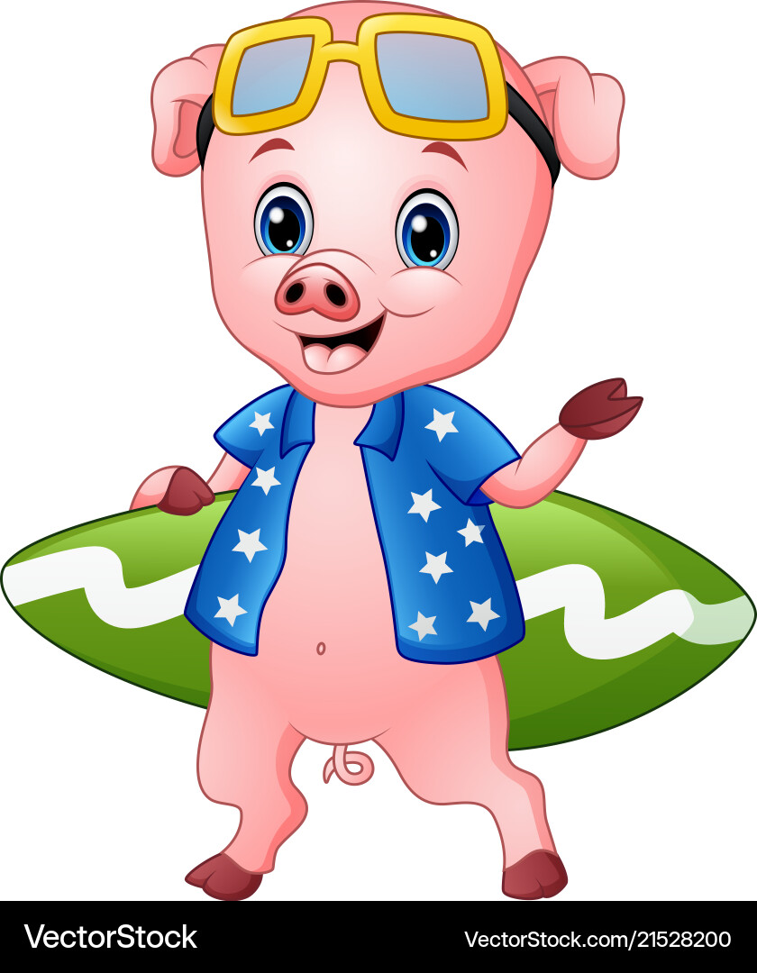 Smiling pig cartoon with surfboard Royalty Free Vector Image
