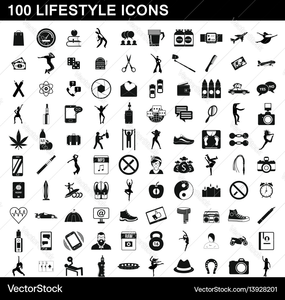 100 lifestyle icons set simple style Royalty Free Vector