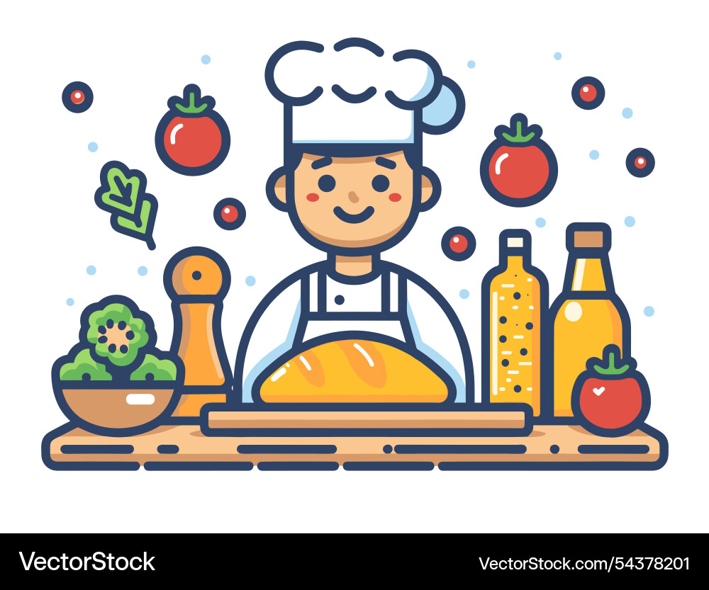 Chef is preparing food on a table with variety Vector Image