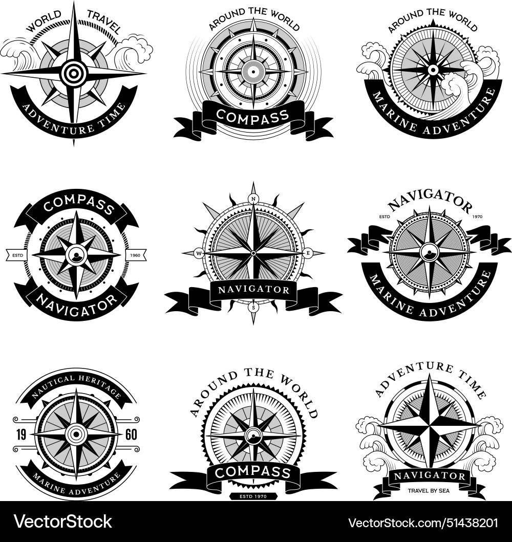 Compass labels adventure and travel time symbols Vector Image