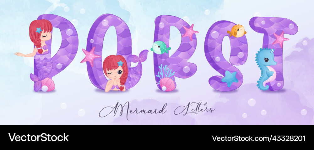 Cute mermaid alphabets part iv Royalty Free Vector Image