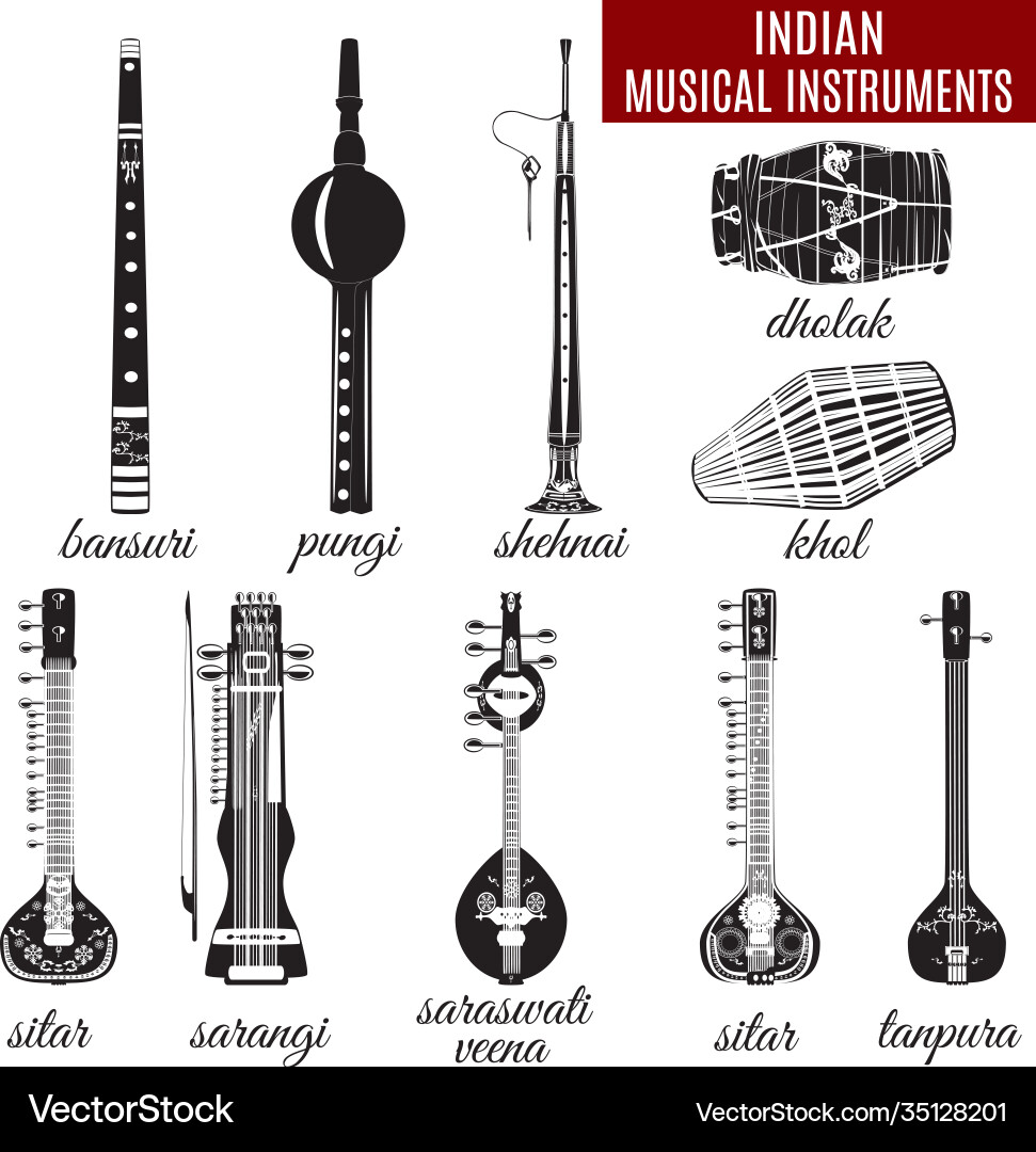 Indian Musical Instruments Set Royalty Free Vector Image