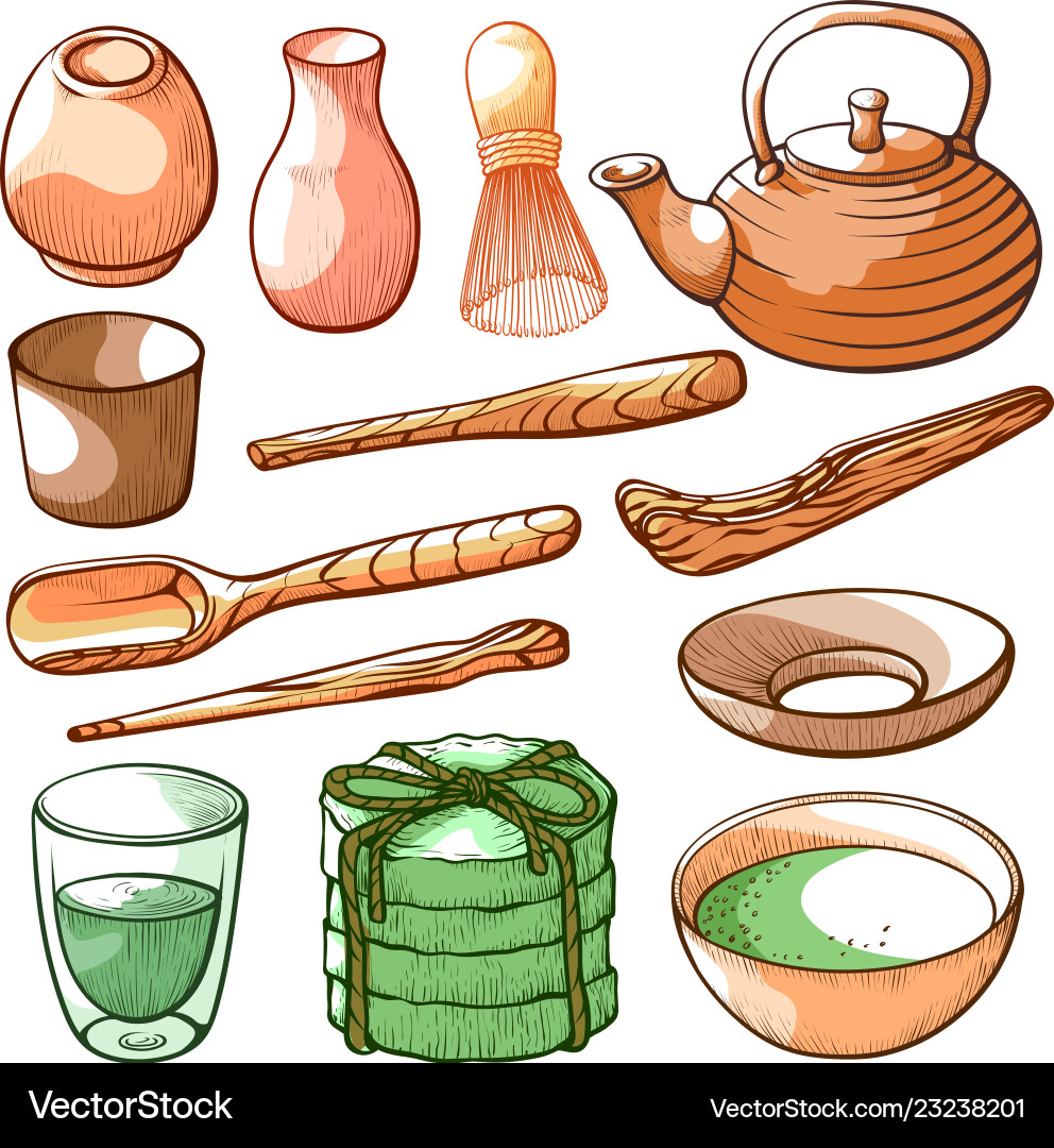 Matcha tea ceremony and ingredient hand drawn set Vector Image