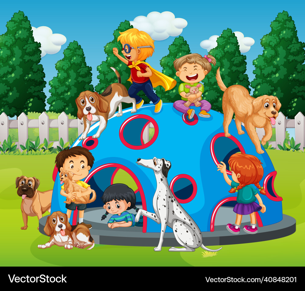 Playground scene with children and animals Vector Image