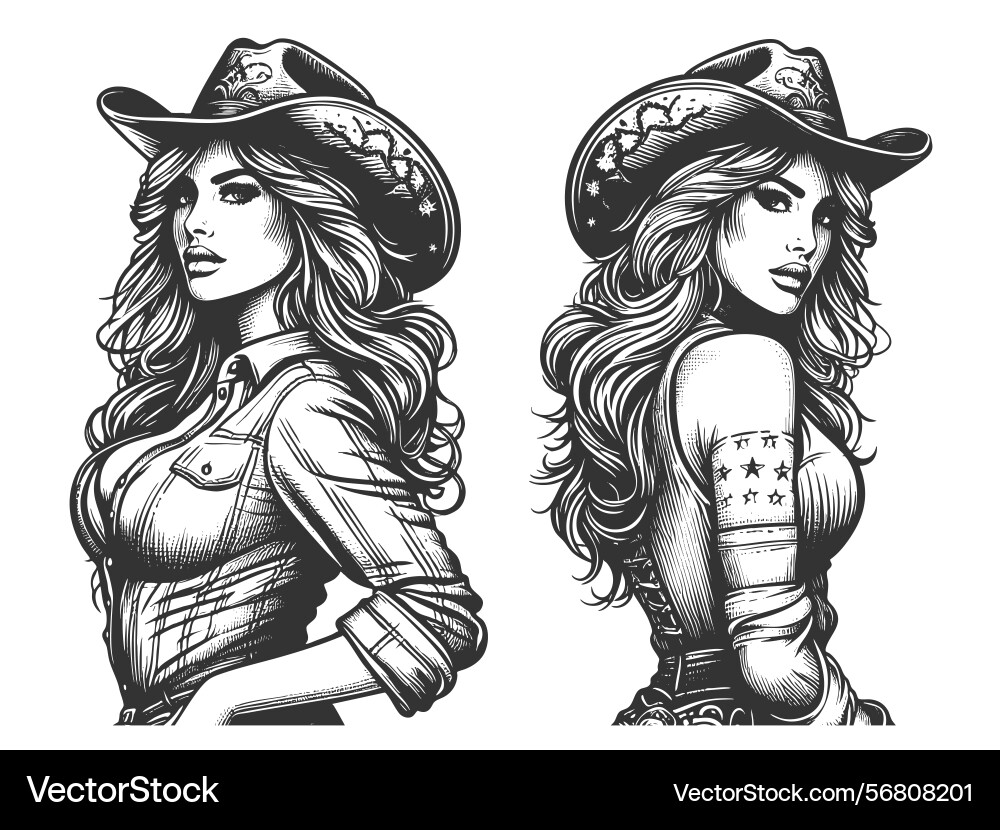 Western cowgirl engraving Royalty Free Vector Image