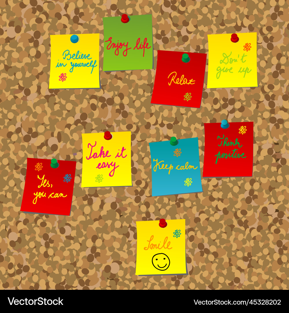 Cork board with positive messages on post-its Vector Image