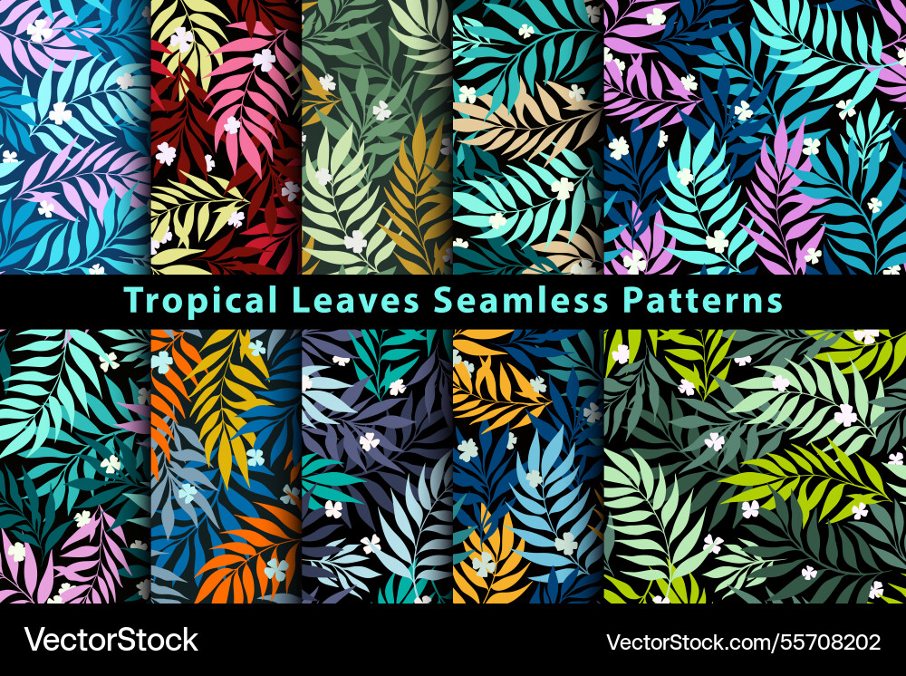 Tropical leaf seamless patterns bundle Royalty Free Vector