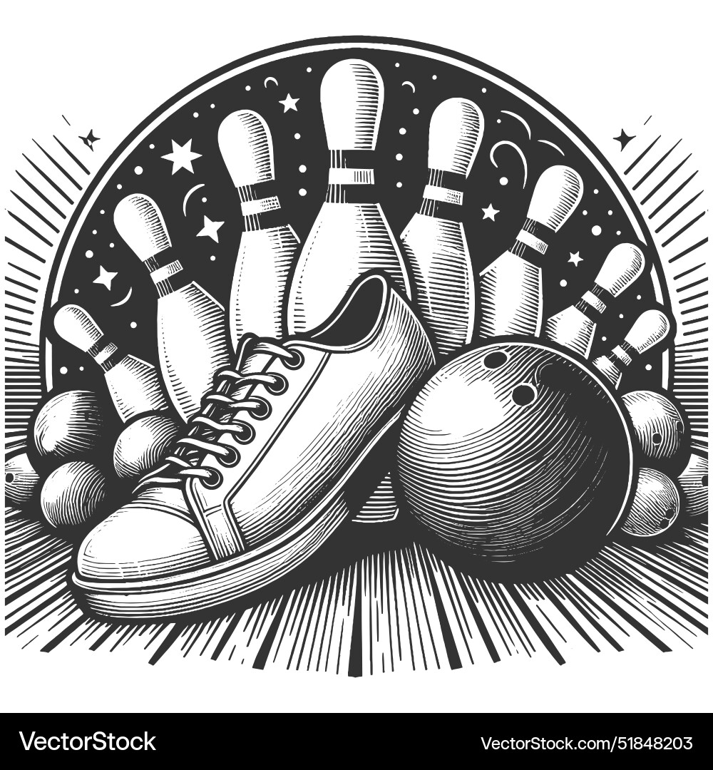 Bowling ball pins shoe engraving Royalty Free Vector Image