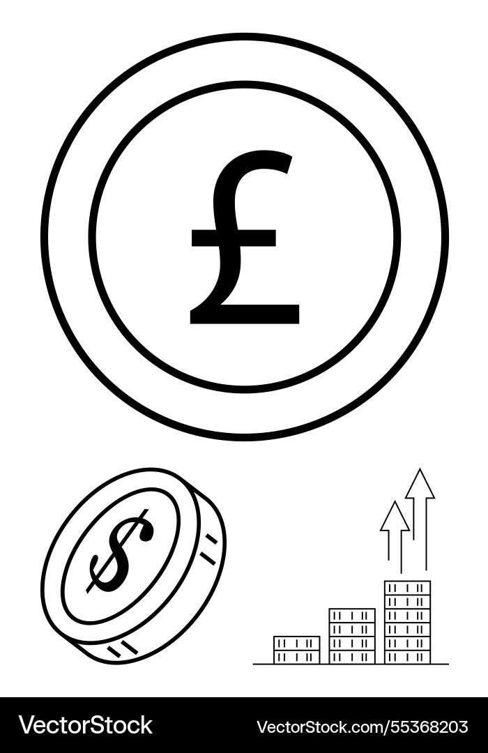 Currency coins and rising bar chart with arrows Vector Image