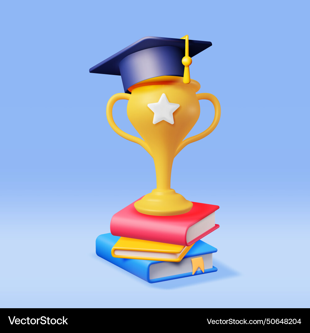 3d gold trophy books stack and graduation cap Vector Image