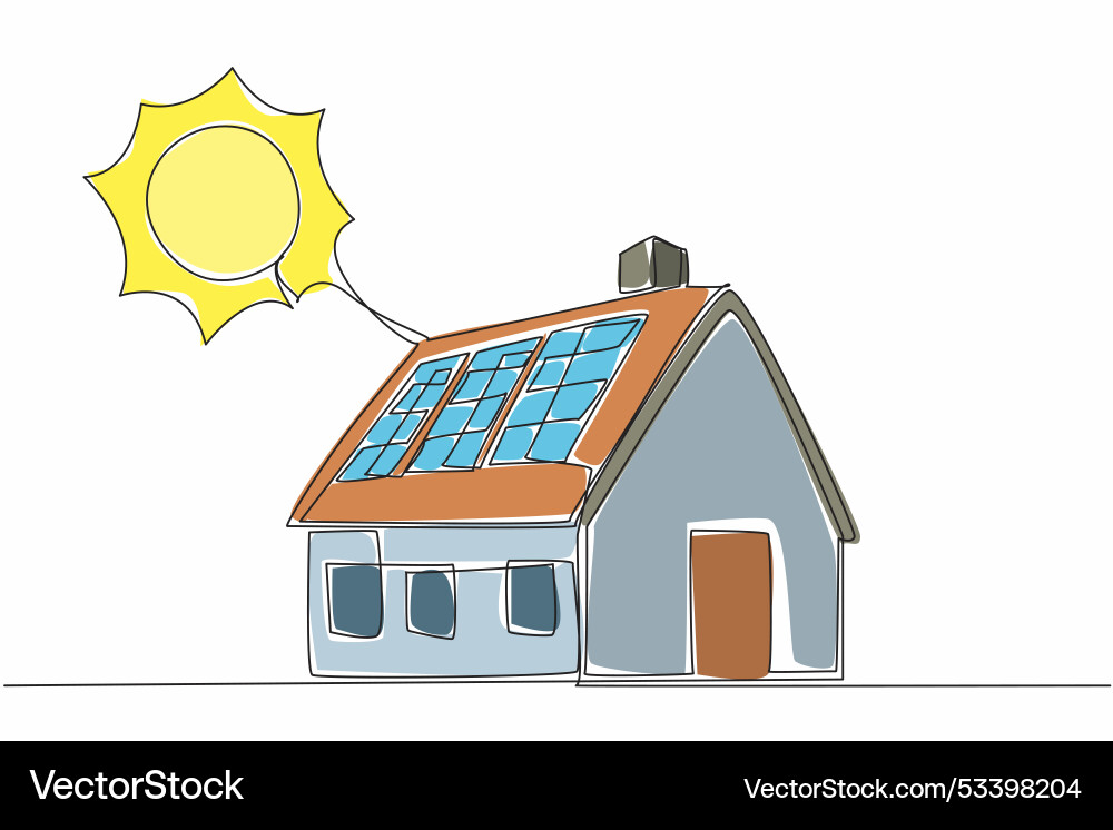Single one line drawing small house with solar Vector Image
