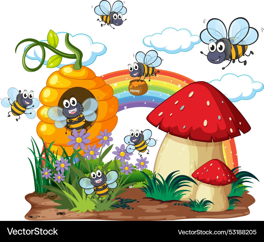 Bees buzzing around flowers and mushrooms Vector Image