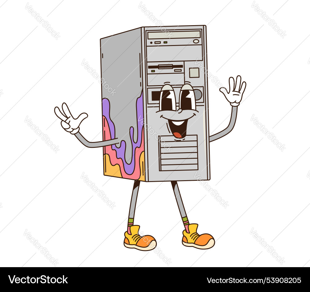 Cartoon groovy computer pc case retro character Vector Image
