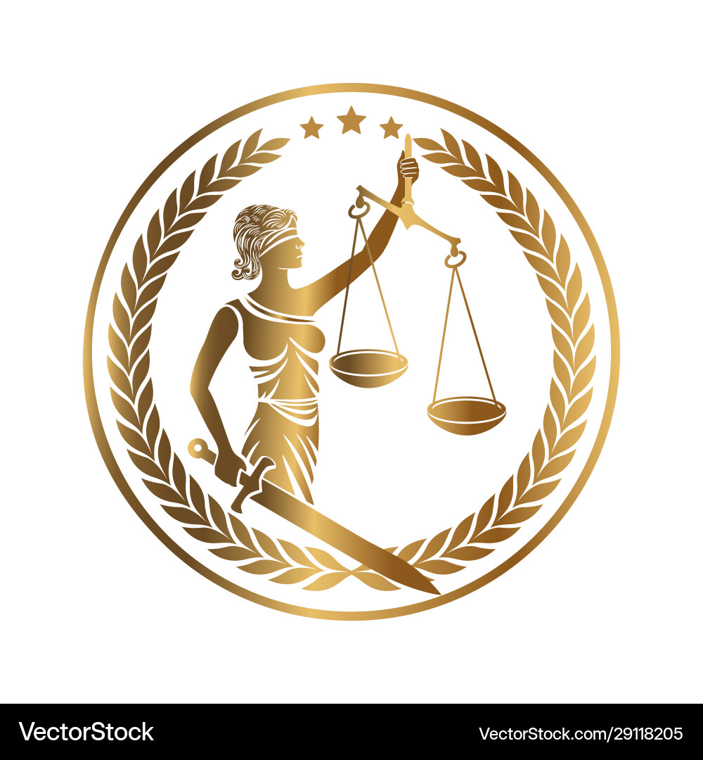 Lady justice themis golden emblem Royalty Free Vector Image