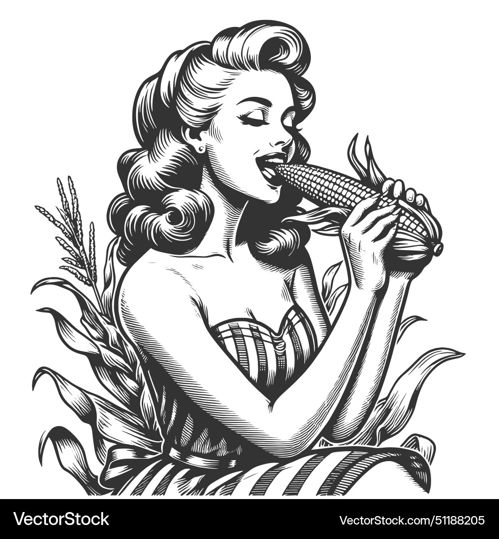 Retro pin-up girl with corn engraving Royalty Free Vector