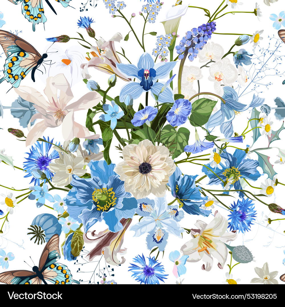 Seamless pattern with blue white flowers Vector Image