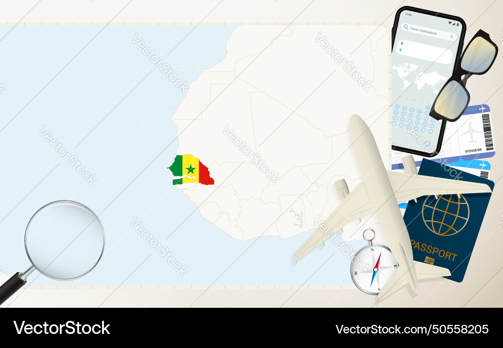 Senegal map and flag cargo plane on the detailed Vector Image