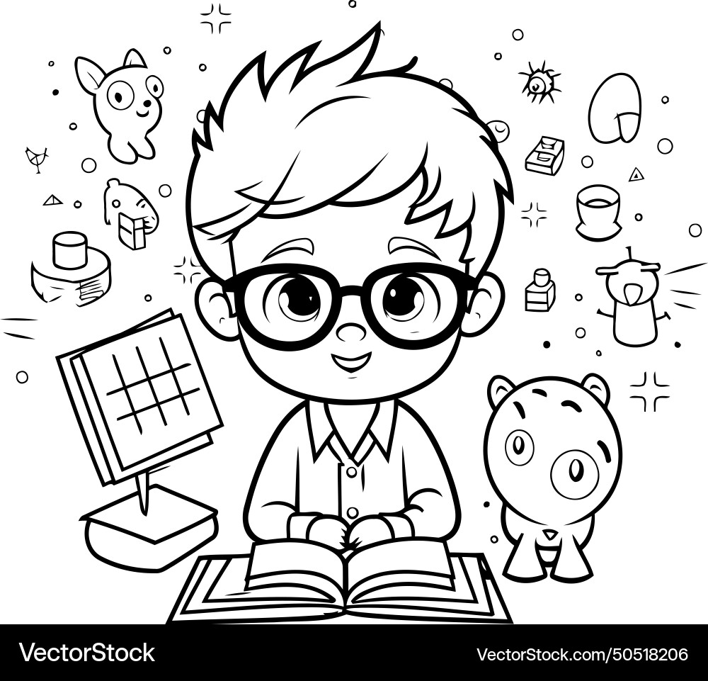 Coloring page outline of a kid studying Royalty Free Vector