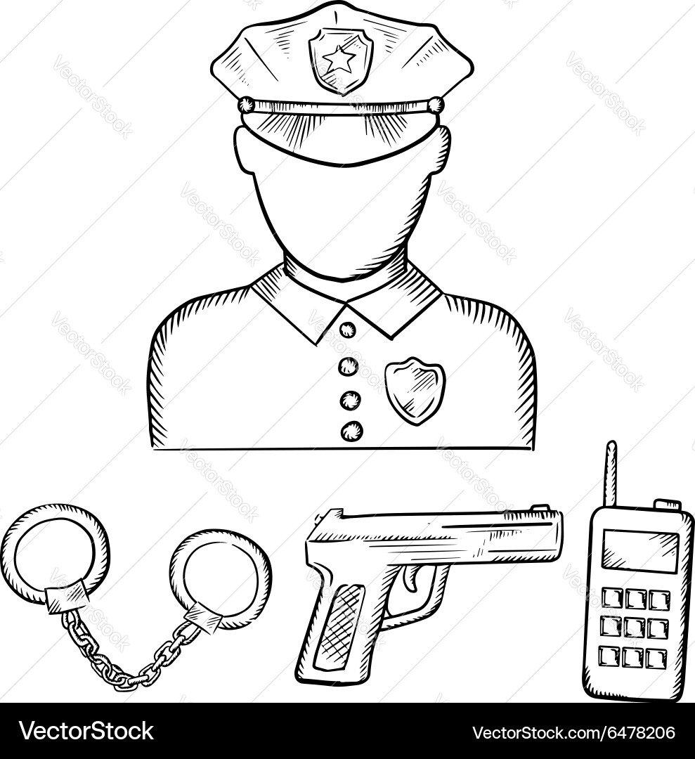 Policeman with handcuffs and gun sketches Vector Image