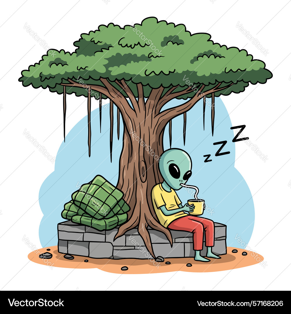Sleepy Alien genießen einen Drink unter großen Baum