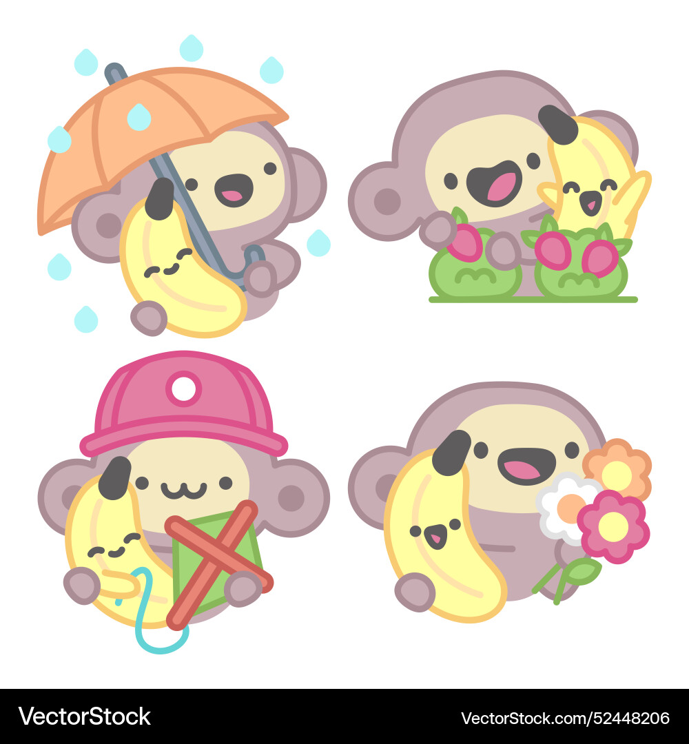 Spring stickers collection with monkey and banana Vector Image