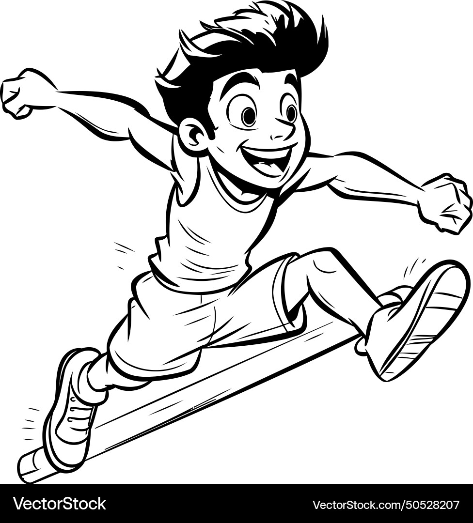 Cartoon boy jumping - black and white Royalty Free Vector
