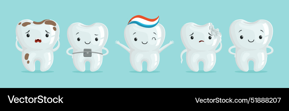 Funny tooth character with cute face set Vector Image