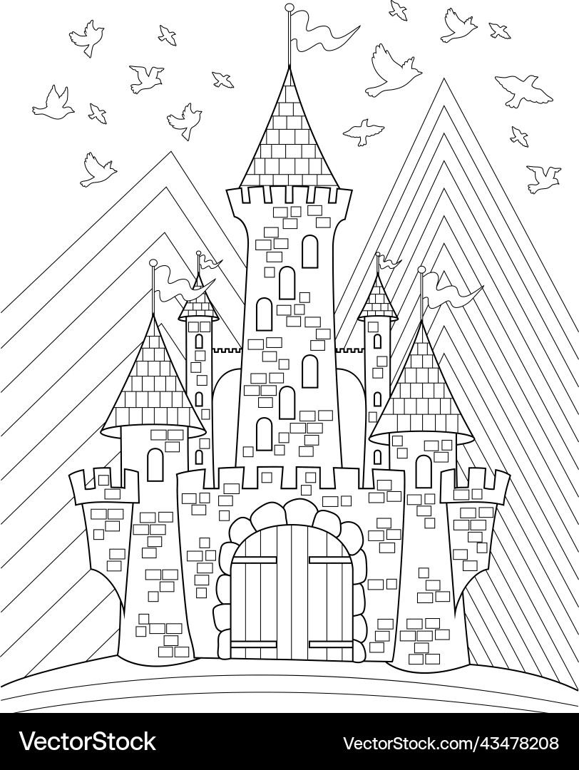 Coloring book page with big castle flags Vector Image