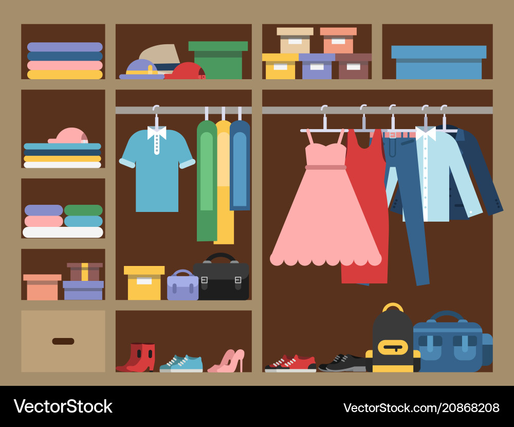 Large wardrobe with different clothes Royalty Free Vector