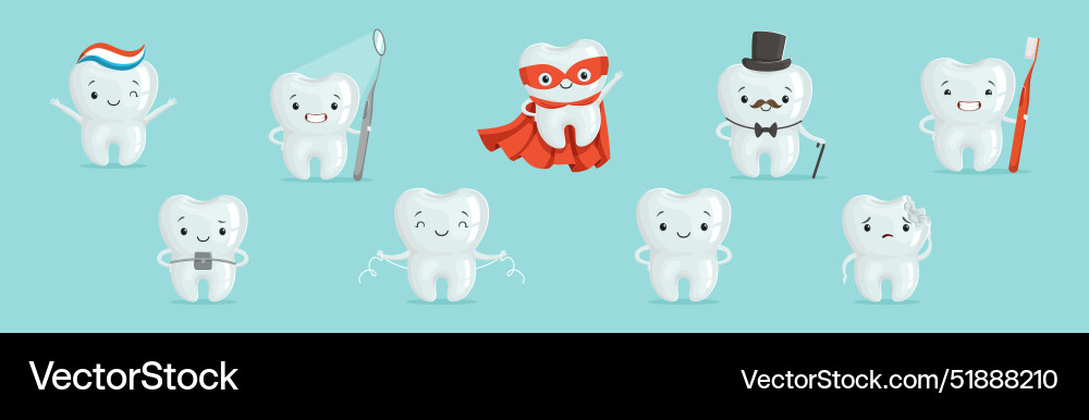 Funny tooth character with cute face set Vector Image