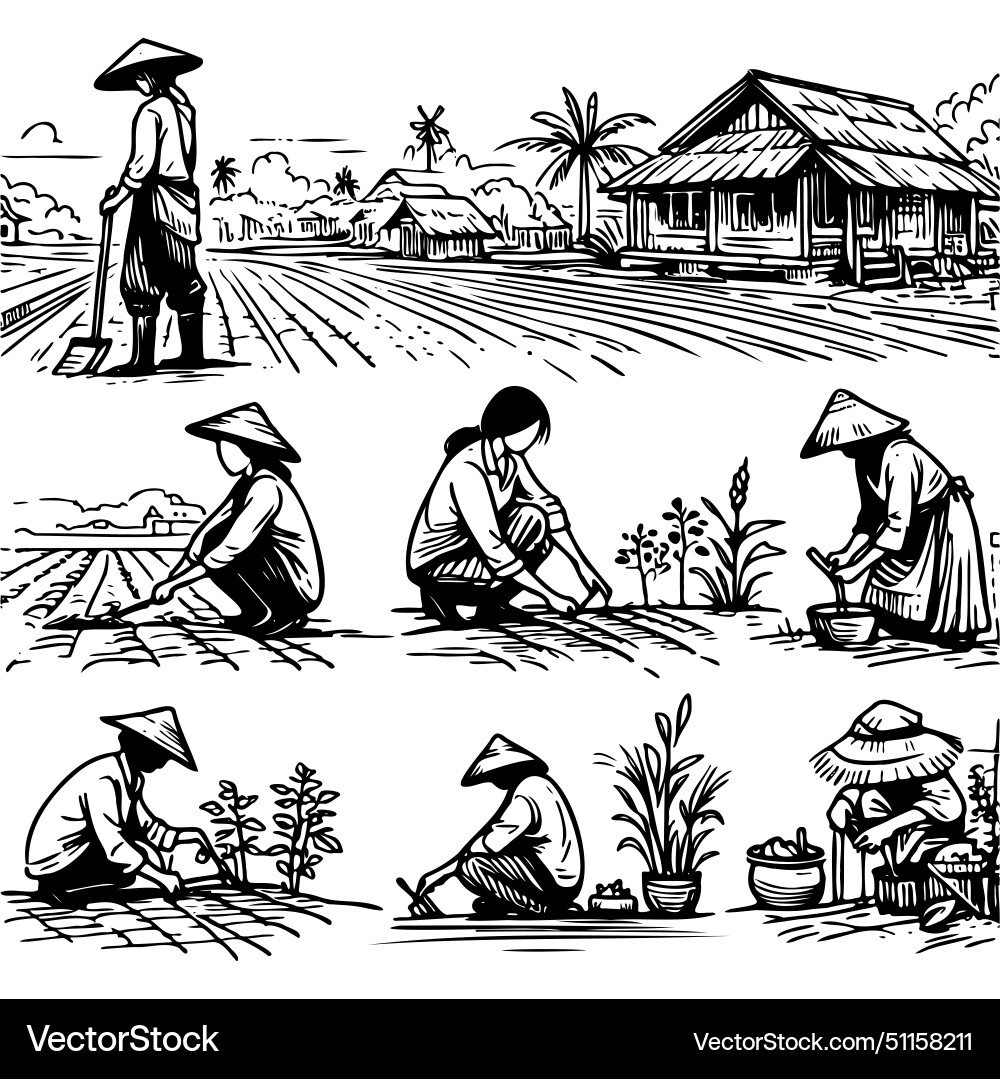 A series drawings people working in field Vector Image
