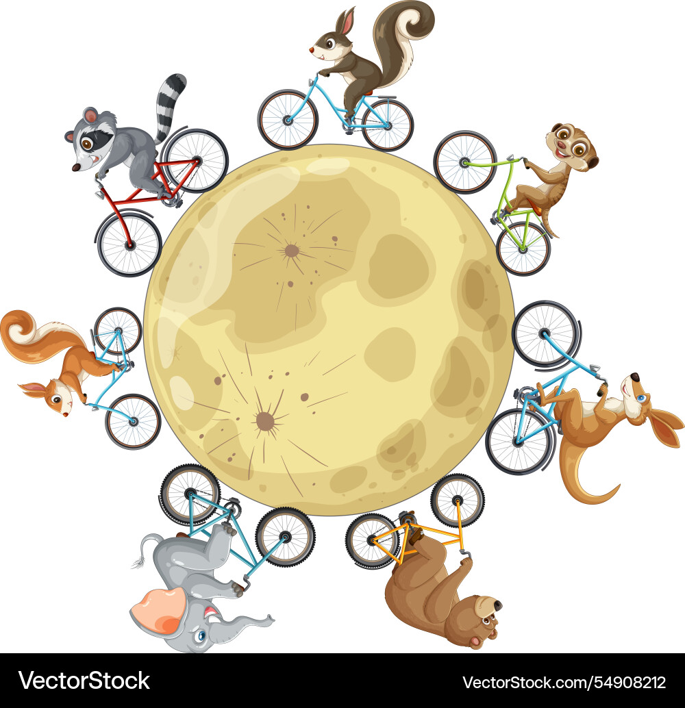 Cute animals riding bikes around a moon Royalty Free Vector